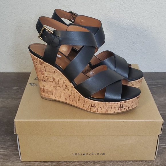 Indigo | Shoes | Indigo Rd Keffie 2 Black Cork Wedge Sandals Womens ...